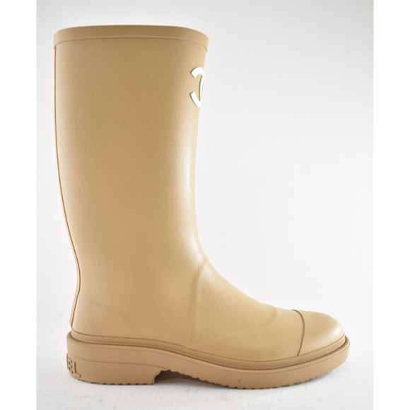 CHANEL | Shoes | Chanel Rev Beige White Wellington Wellies Cc Logo Pull ...